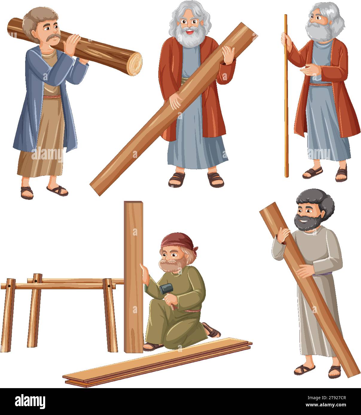 Vector cartoon illustration of men working with wood in old traditional ...