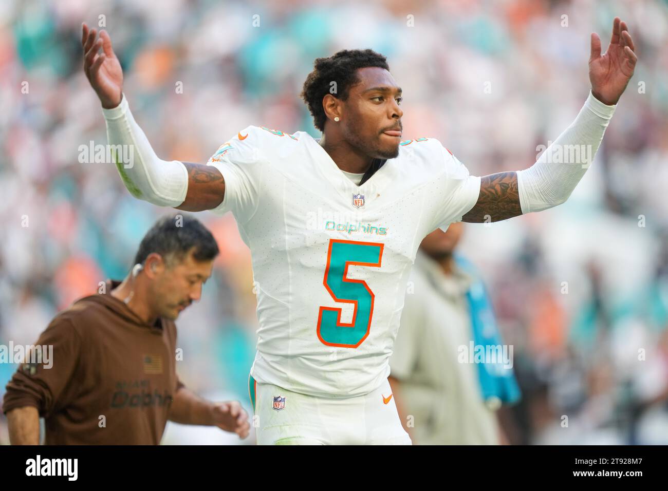 Miami Dolphins cornerback Jalen Ramsey celebrates after making the game ...