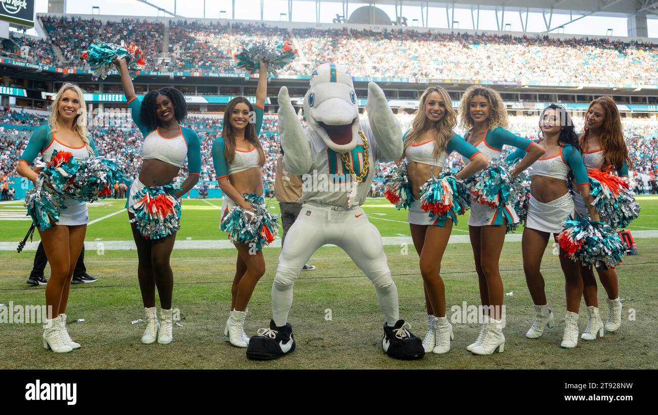 Miami Dolphins cheerleaders pose with mascot TD during a NFL regular ...