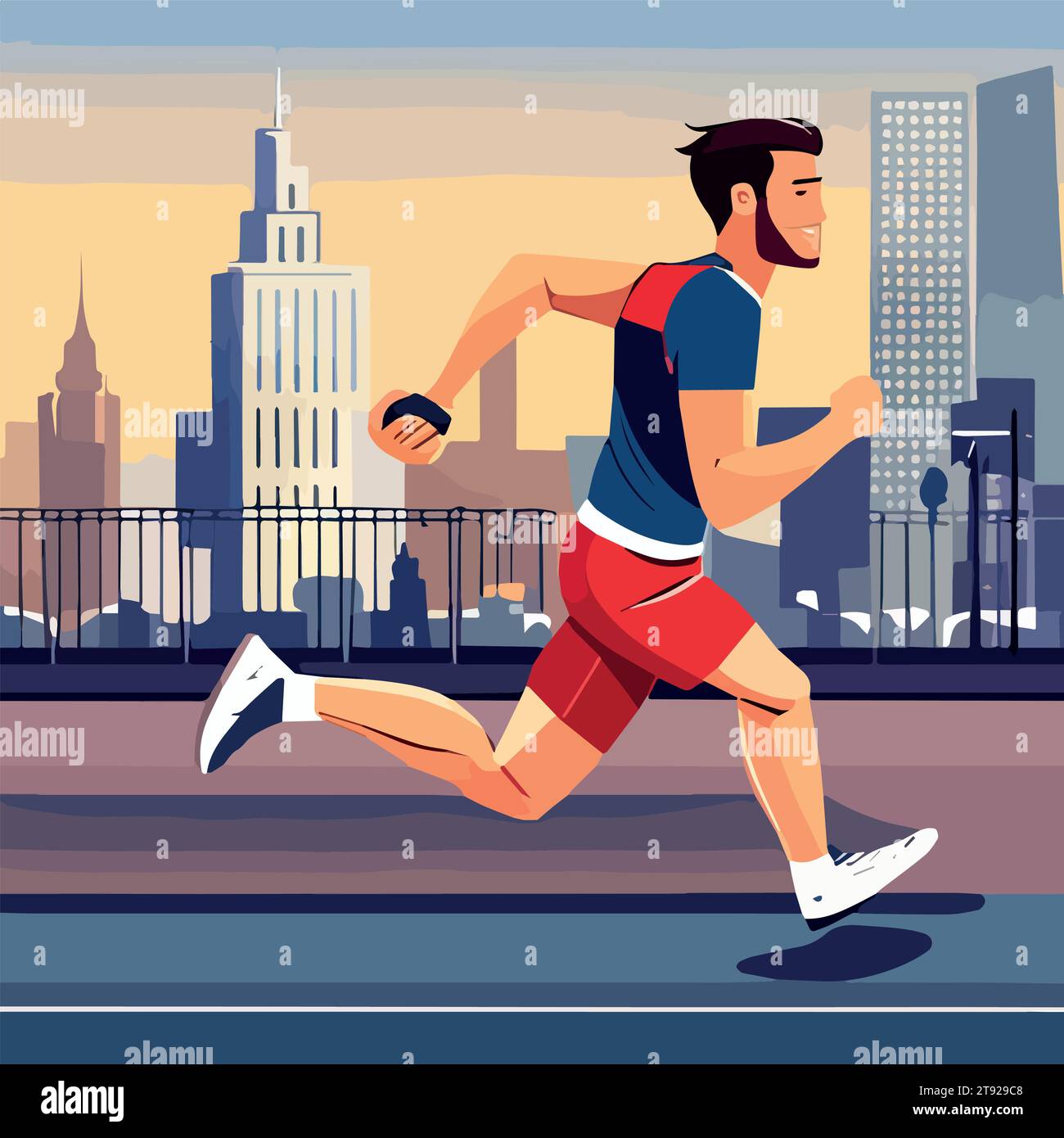 Young athletic man jogging in the city streets. Vector illustration ...
