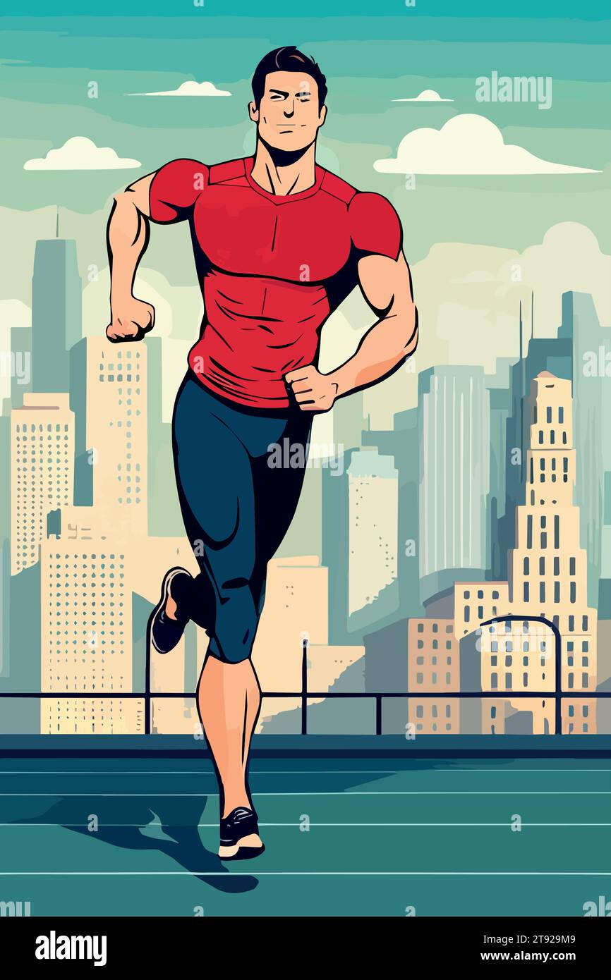 Young man athlete runs against the backdrop of the city. Running guy ...