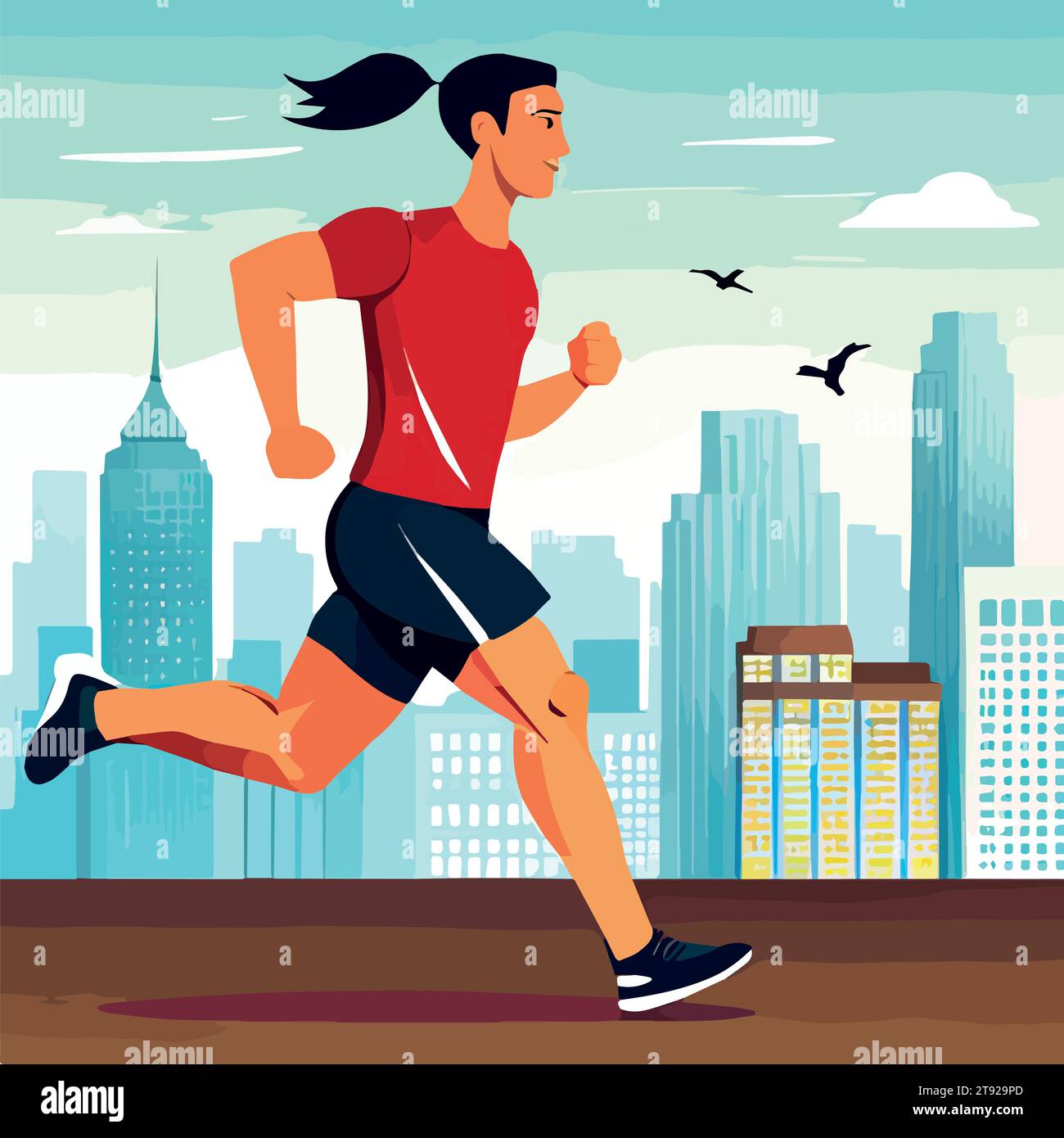 Young athletic man jogging in the city streets. Vector illustration ...