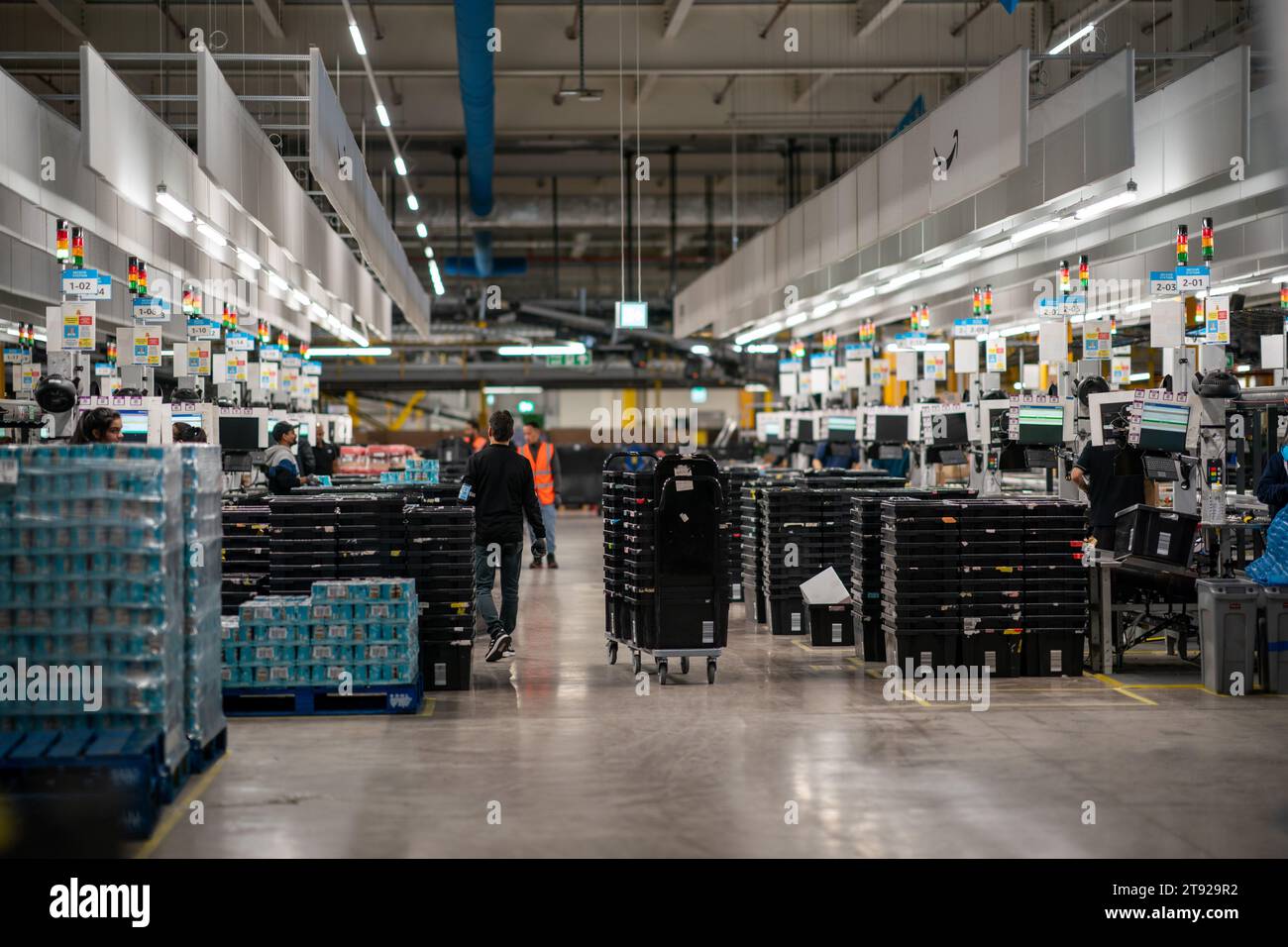 Empty tote boxes stack up as items are processed at Amazon's ...