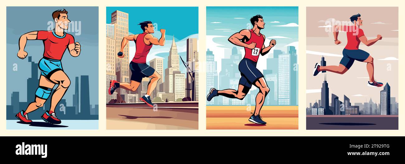 Banner Runners Set Flat Vector Concept Illustrations Athletes Running