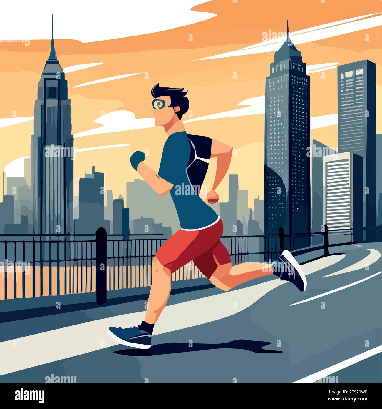 Young athletic man jogging in the city streets. Vector illustration ...