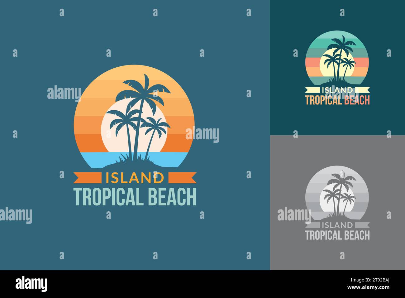 Tropical island logo with three palm trees on the coastline vector ...