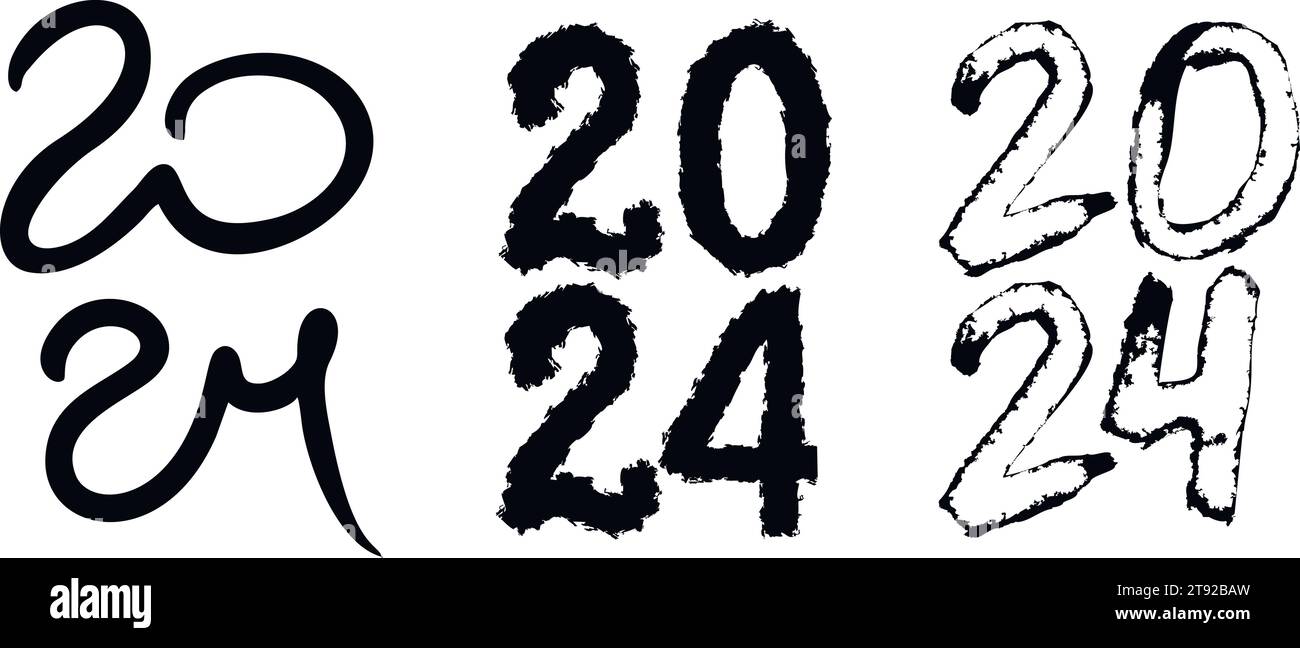 Set of illustration 2024 year black vertical handwriting font. White ...