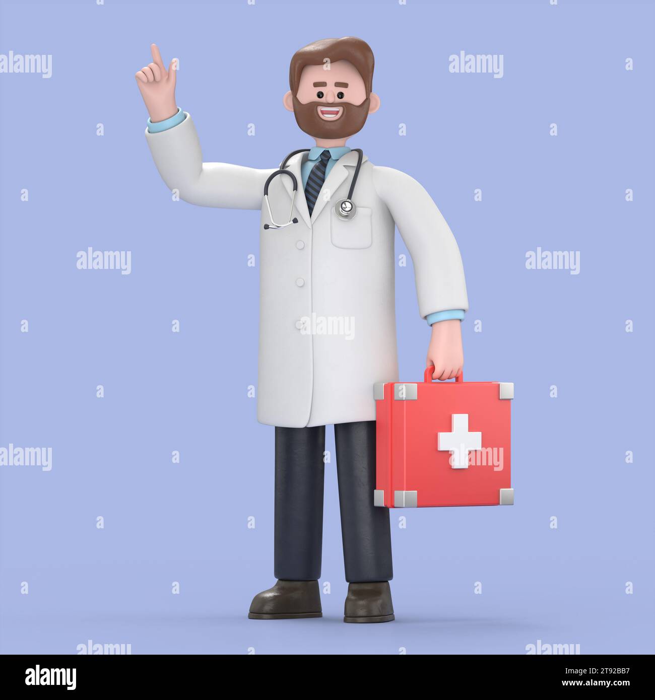 3D illustration of Male Doctor Iverson holds red case first aid kit ...