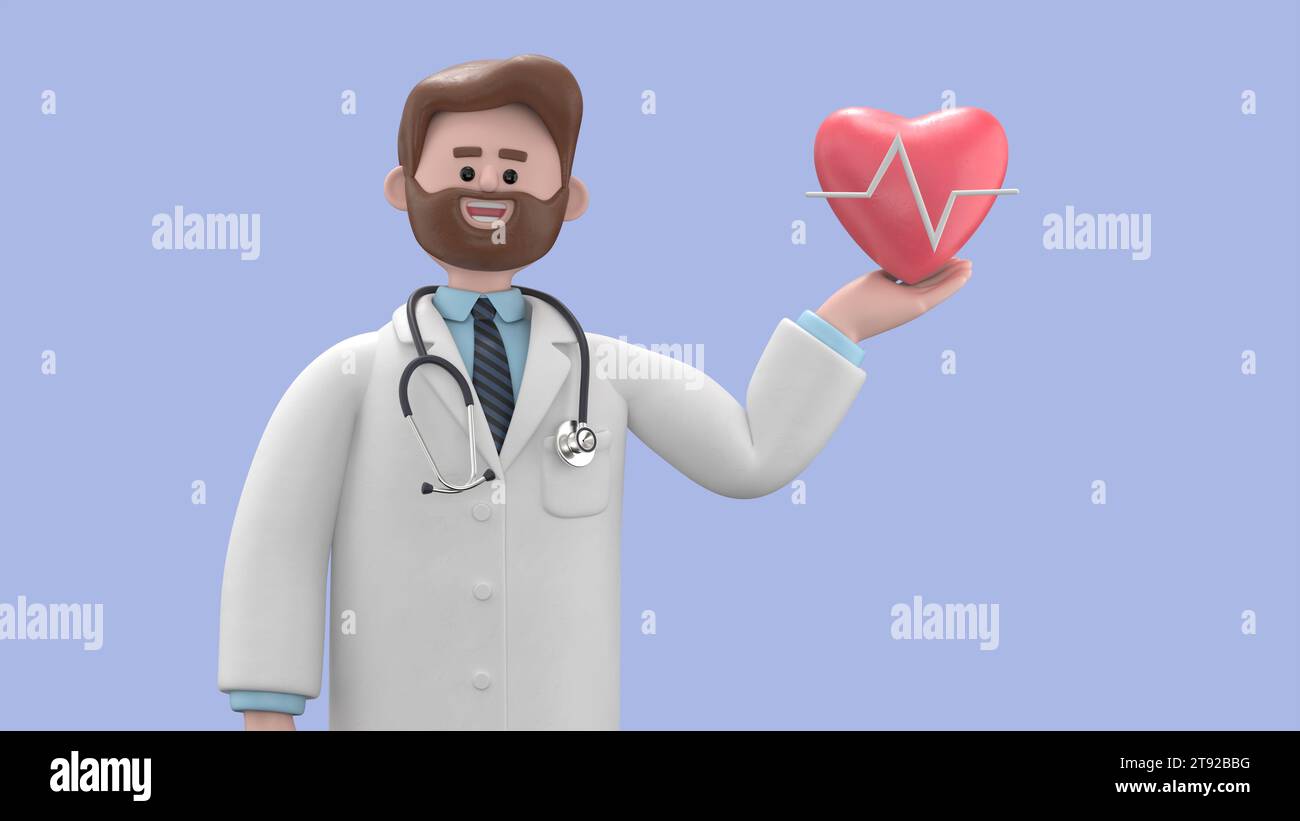 3D illustration of Male Doctor Iverson. Cardiologist shows red heart ...