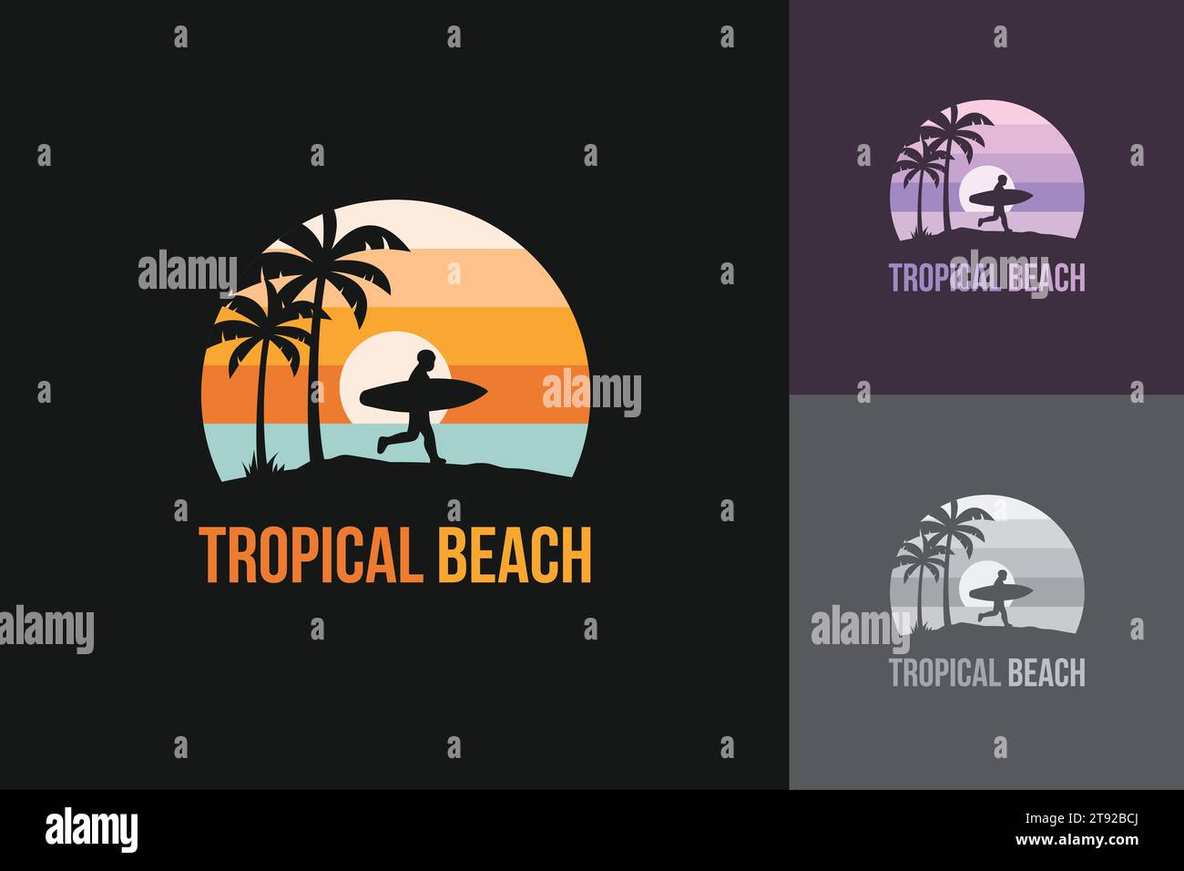 Surfing logo on tropical beach island with silhouette of man carrying ...