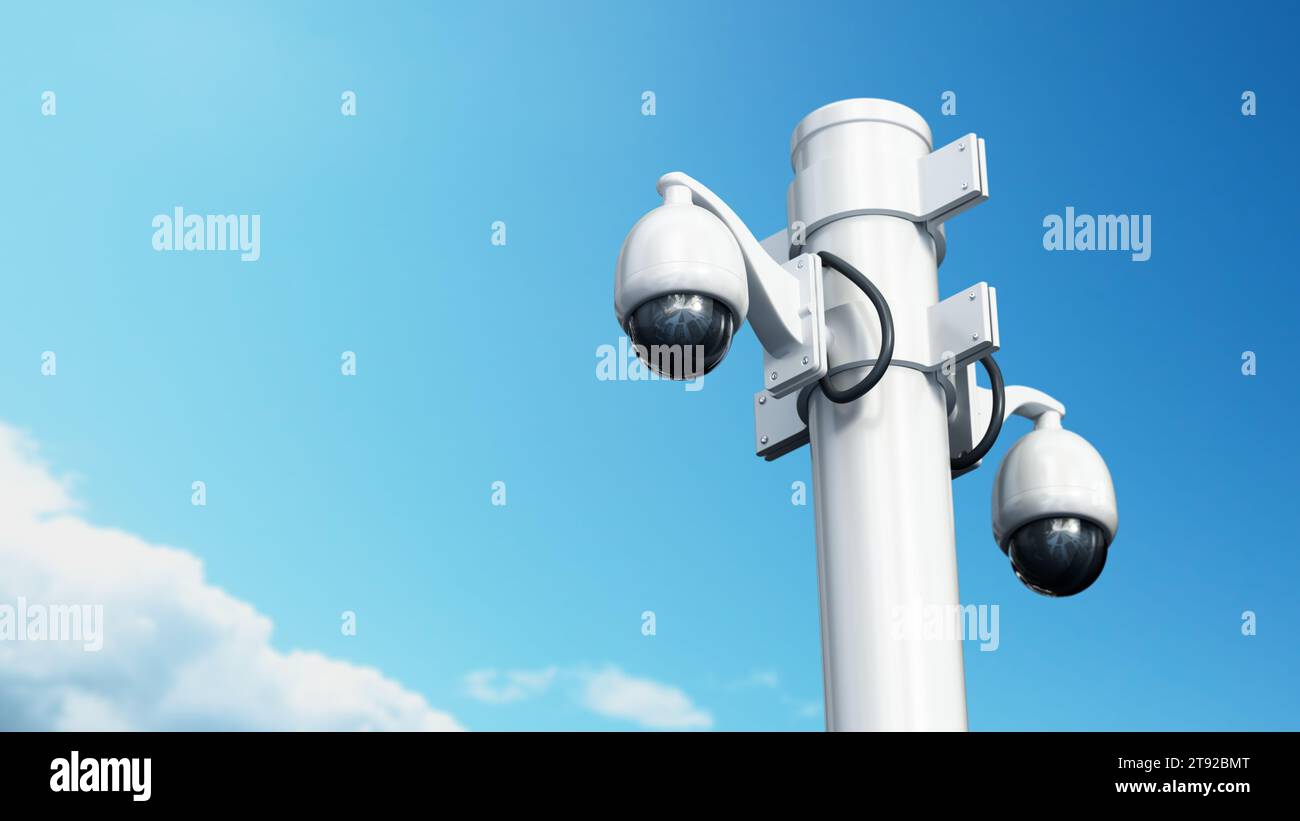 Security cameras in the pole. Copy space on the left. 3D illustration ...