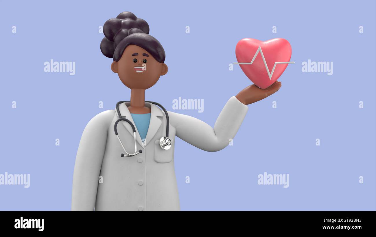 3D illustration of Female Doctor Juliet. Cardiologist shows red heart ...