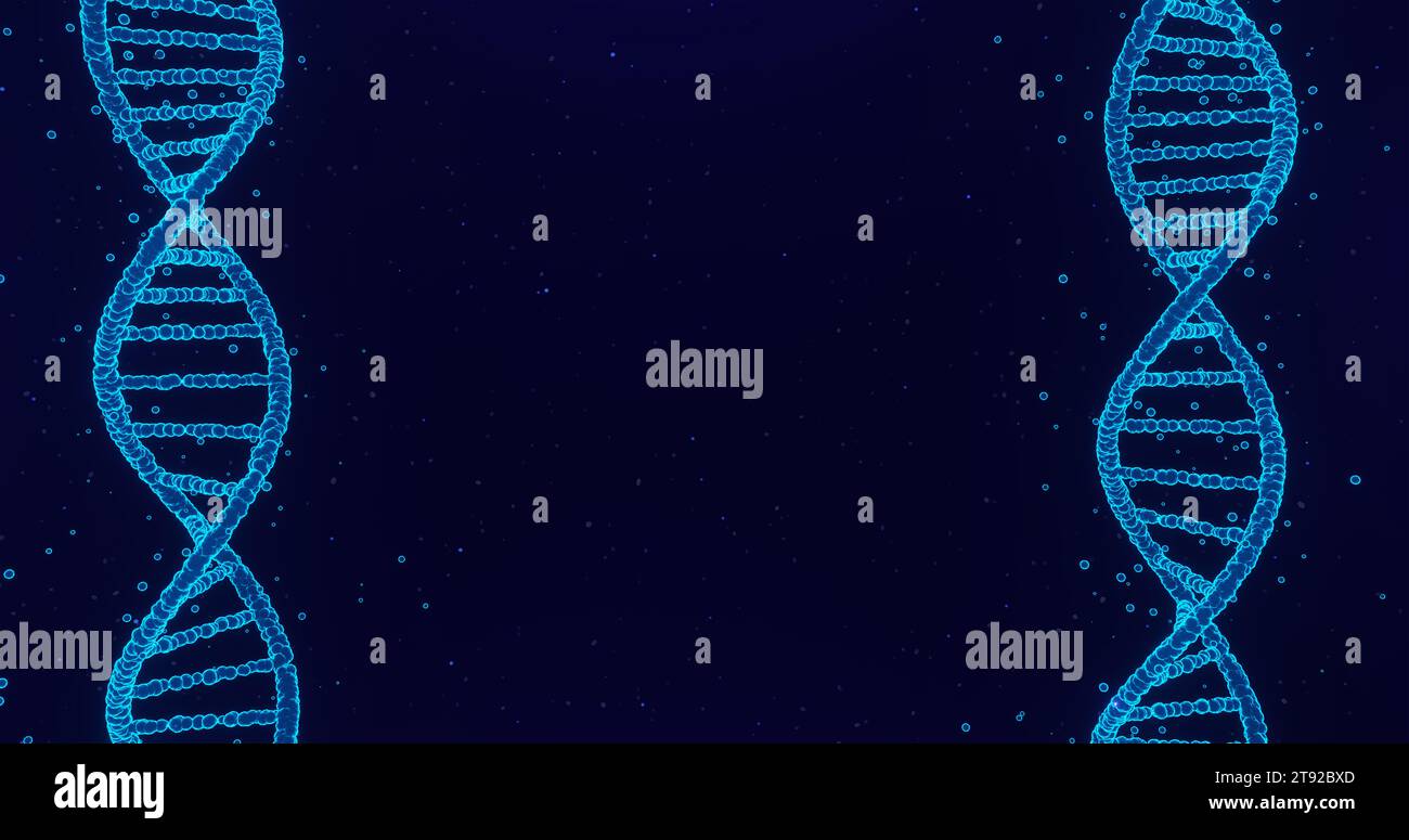 3d structure of neon glowing DNA strands isolated on dark blue ...