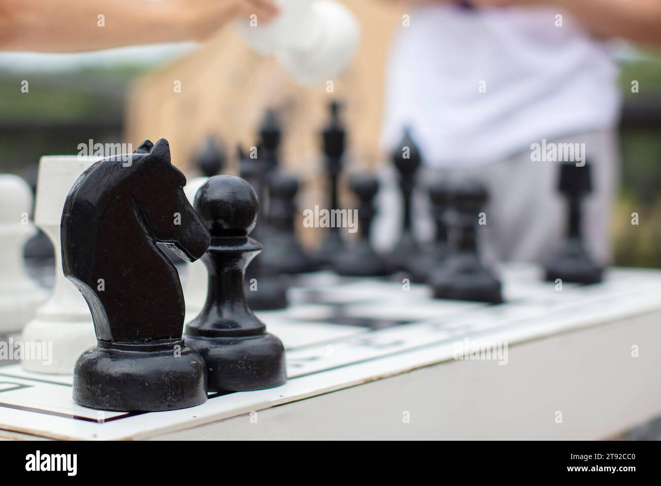 Black chess knight close-up against the background of blurred chess ...