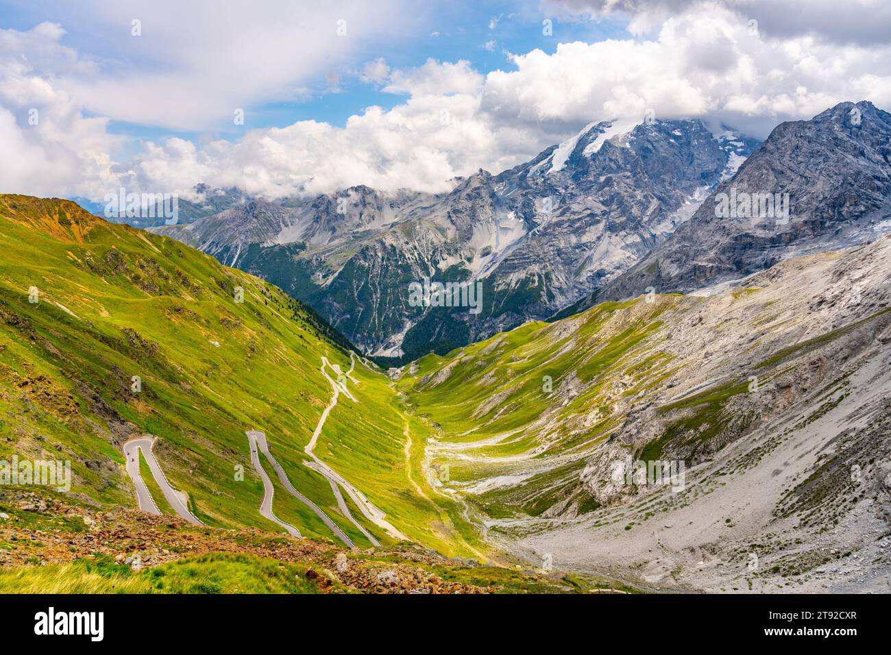 Stelvio pass serpentines with Ortler mountain on background. Asphalt ...