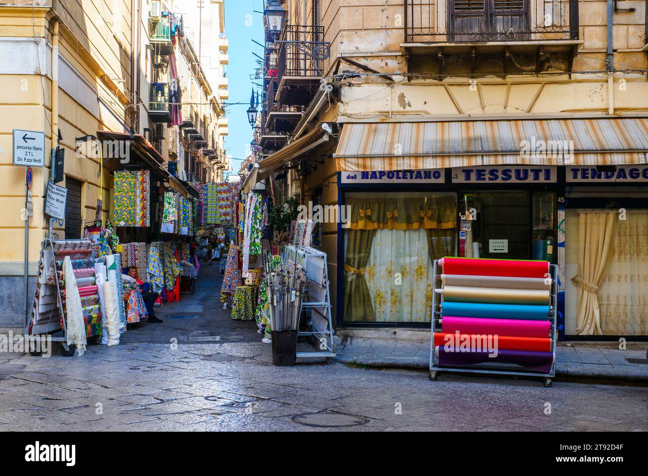 Fabric stalls in via Sant'Agostino - Palermo, Sicily, Italy Stock Photo ...