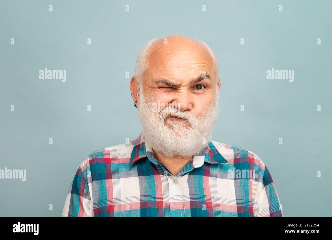 Funny portrait of old bald man bearded man with grey moustache beard ...