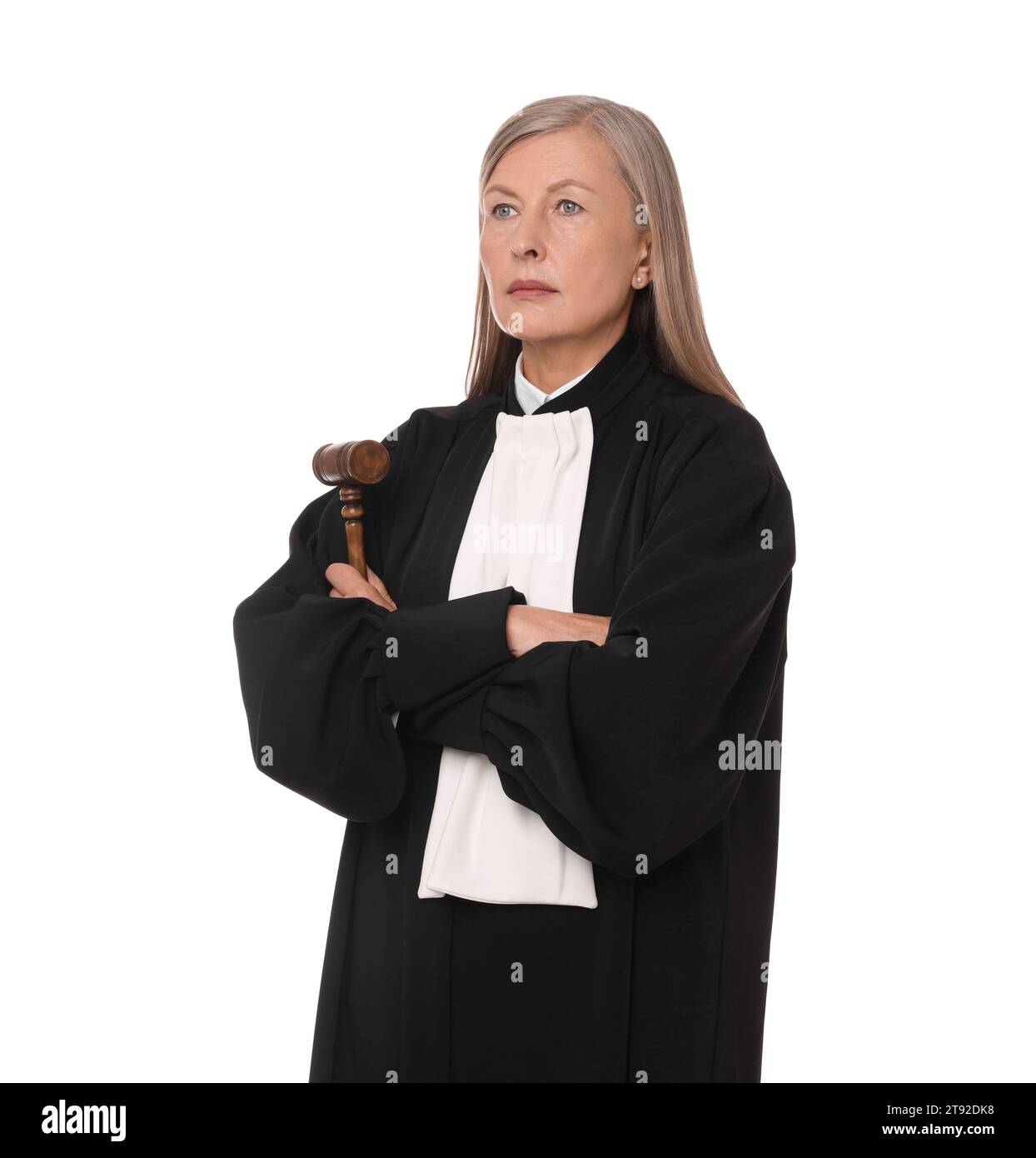Beautiful senior judge with gavel on white background Stock Photo - Alamy