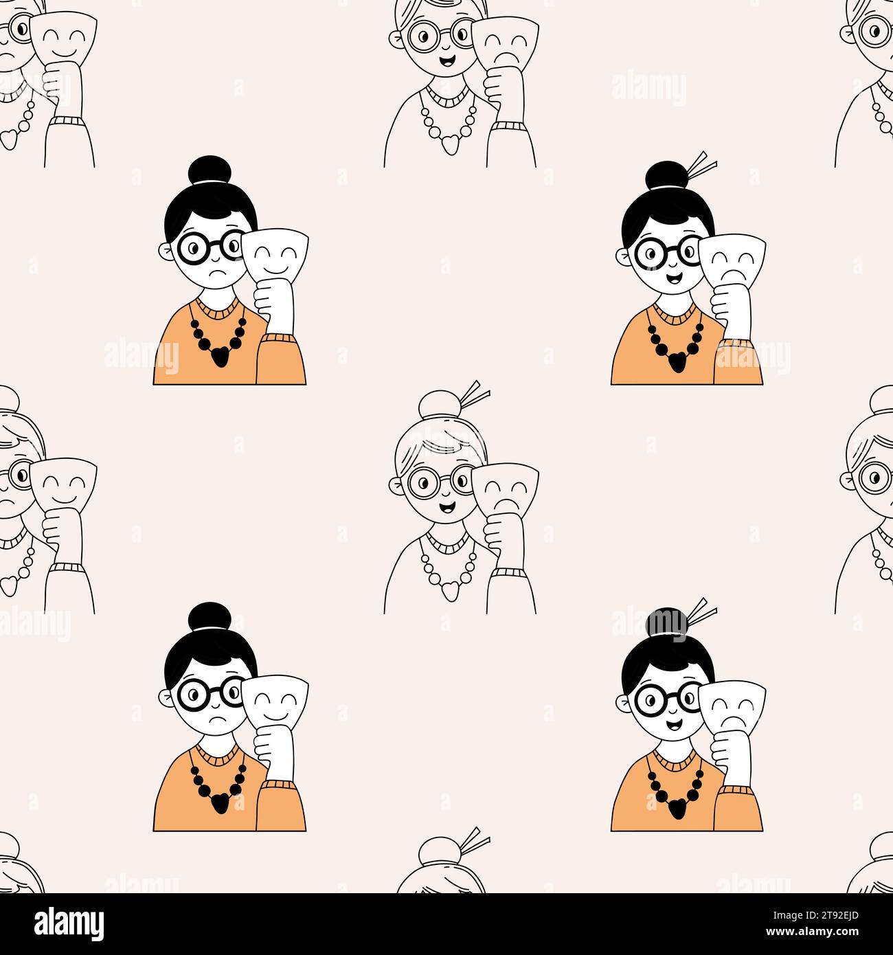 Psychology seamless pattern with happy and sad woman with mask emotion ...