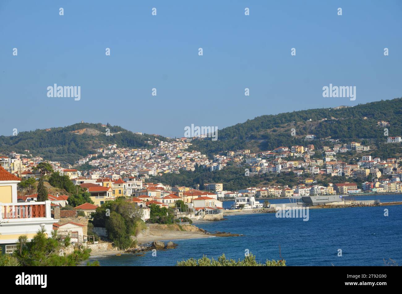 Greece, North Aegean, Samos island the Vathy port town and neoclassical ...