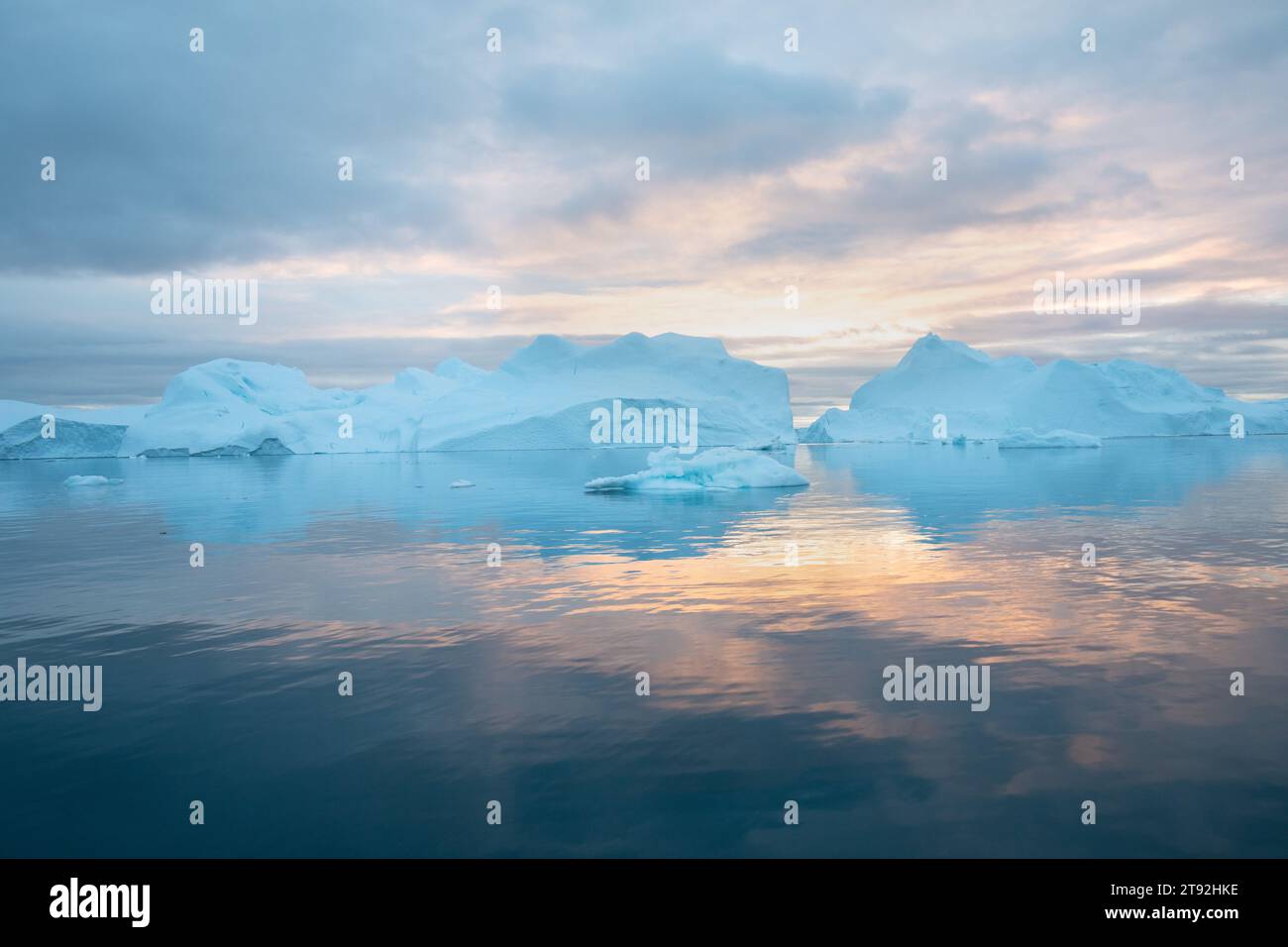 Arctic nature landscape with icebergs in Antarctica with midnight sun ...