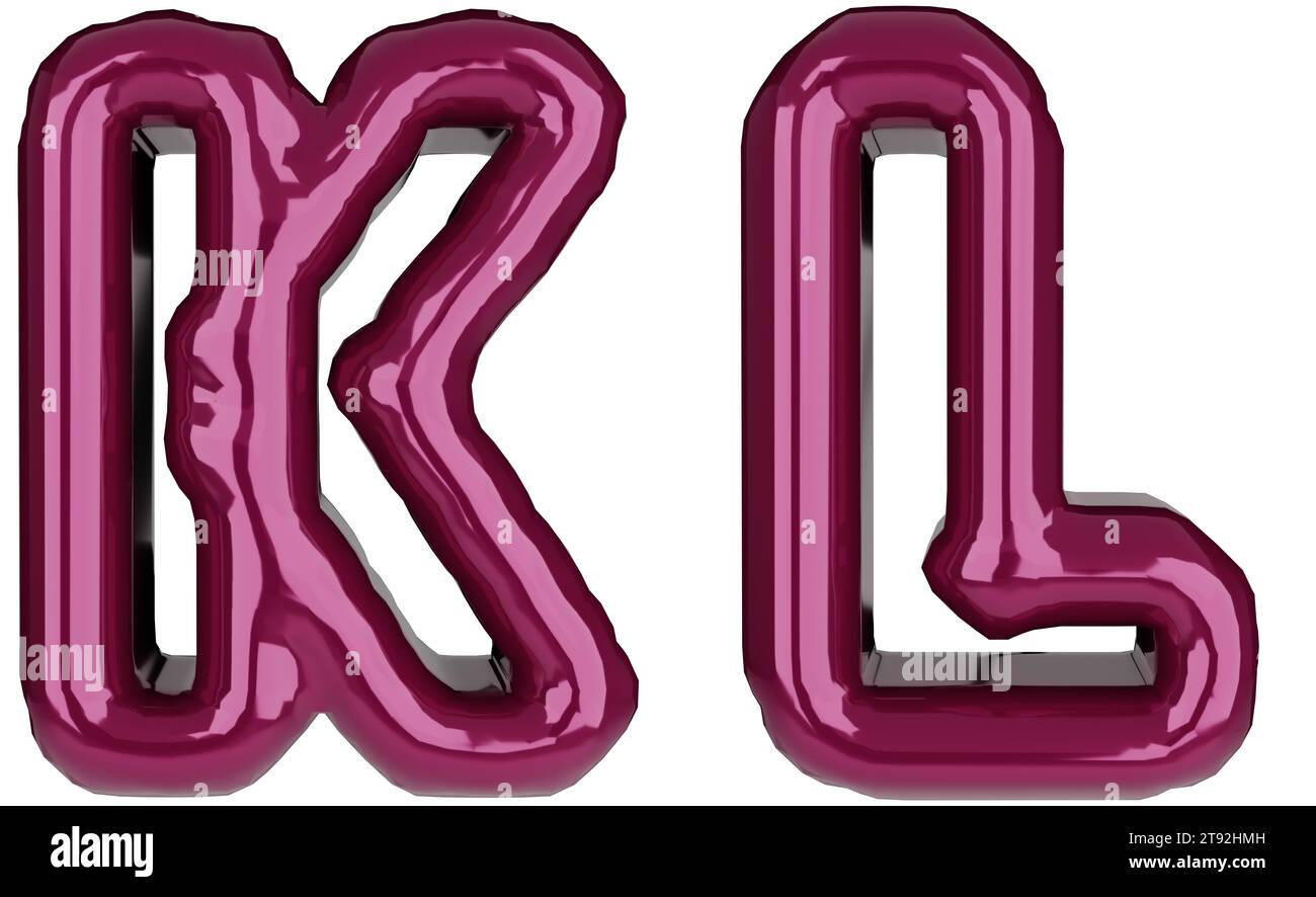 Glossy inflated red color letter K, L uppercase illustration. 3D render of latex bubble burgundy ...