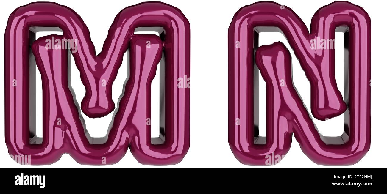 Glossy inflated red color letter M, N uppercase illustration. 3D render of latex bubble burgundy ...