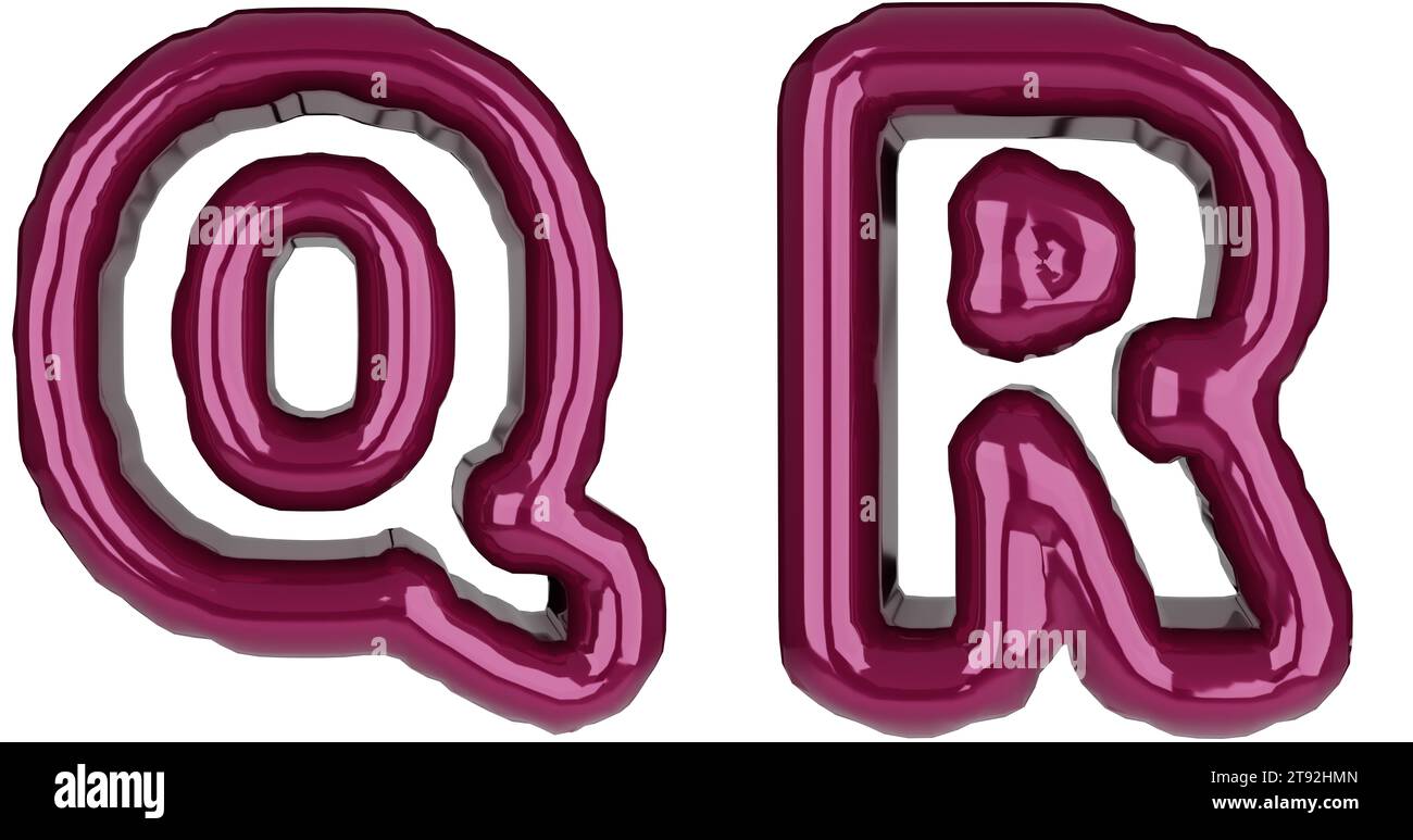 Glossy inflated red color letter Q, R uppercase illustration. 3D render of latex bubble burgundy ...