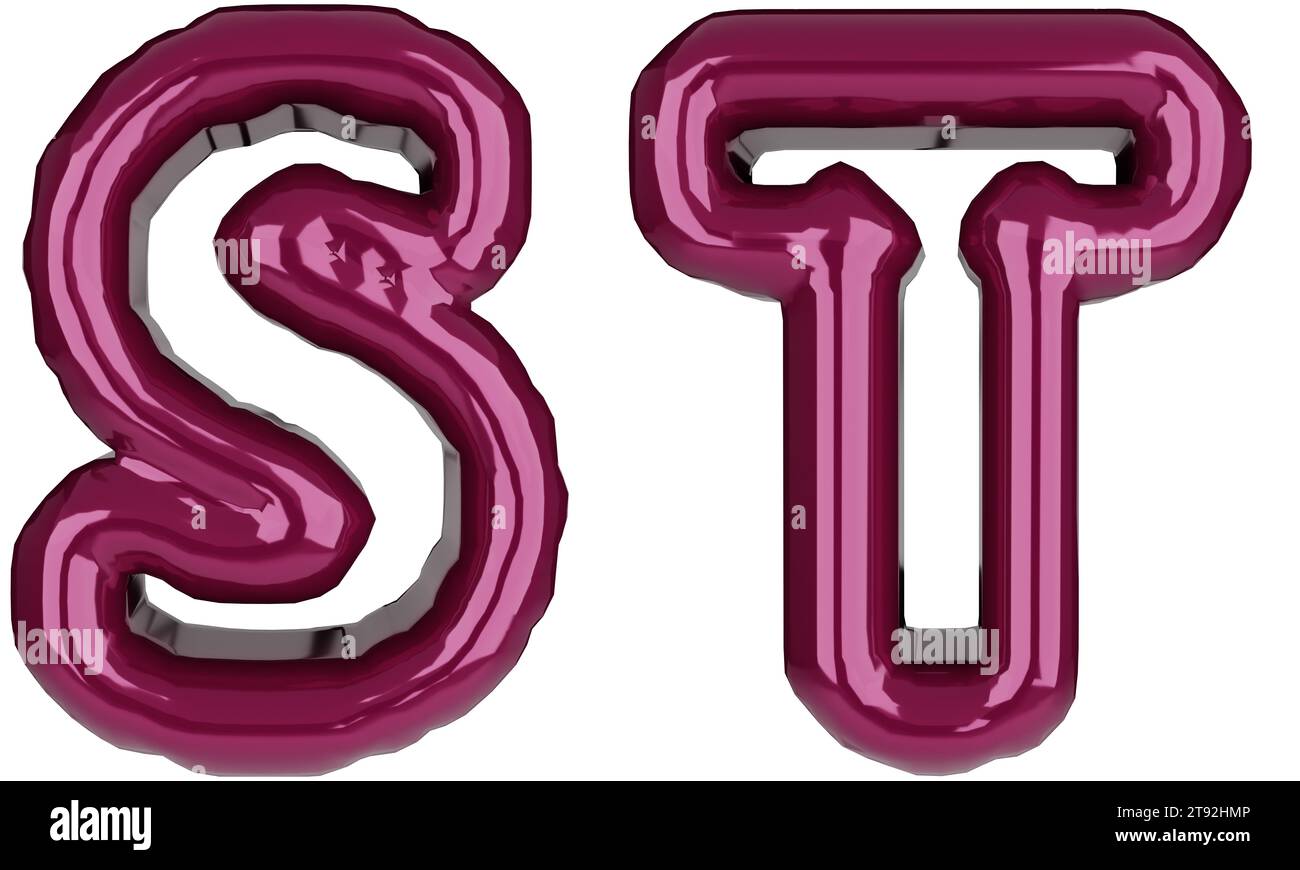 Glossy inflated red color letter S, T uppercase illustration. 3D render of latex bubble burgundy ...
