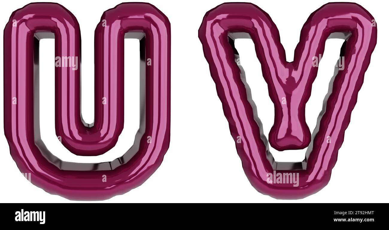 Glossy inflated red color letter U, V uppercase illustration. 3D render of latex bubble burgundy ...