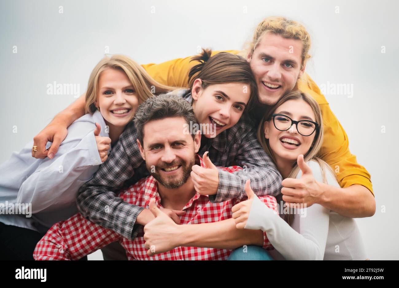 Happy company students best friends making selfies. Group young people ...