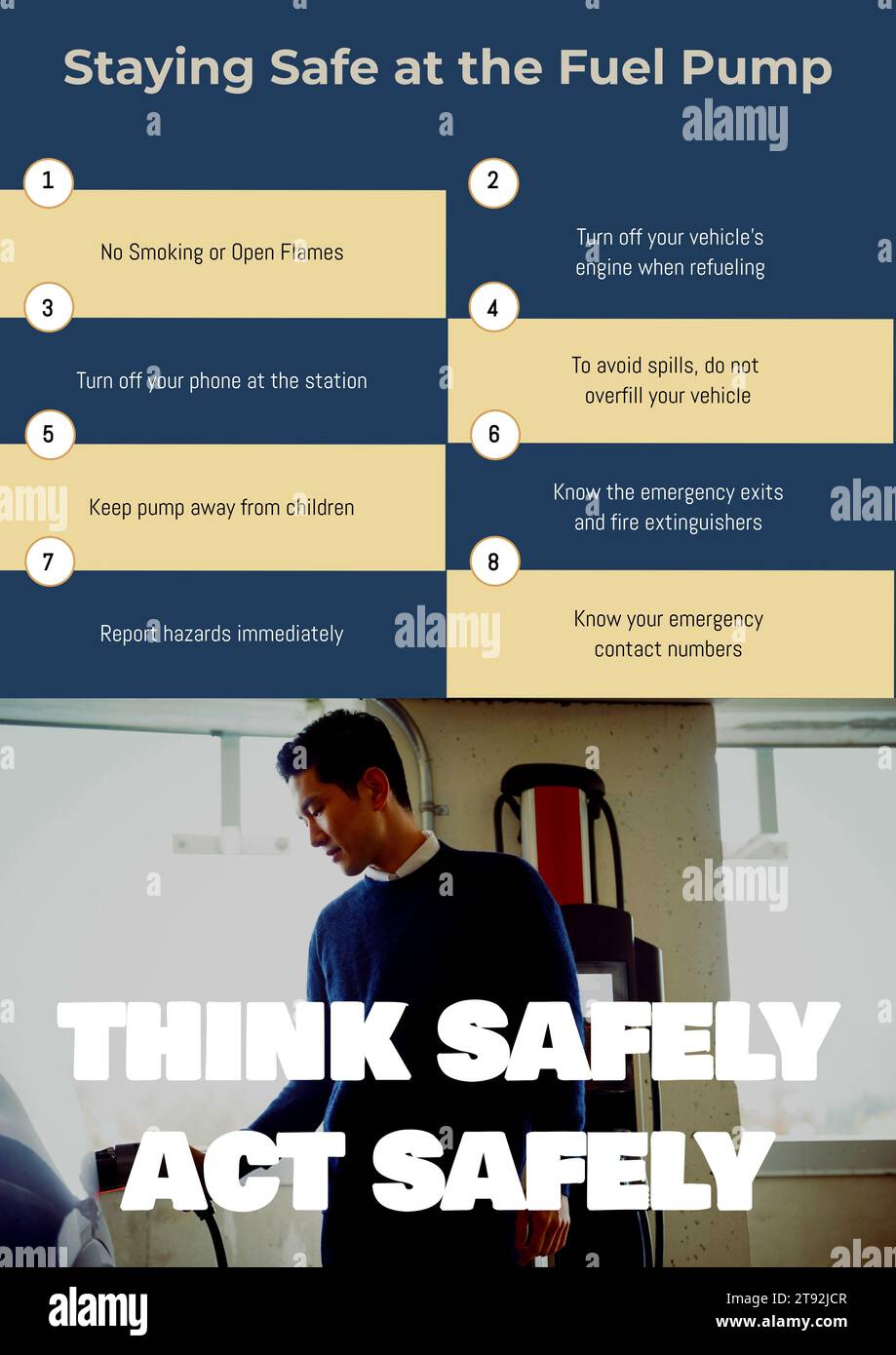 Staying safe at the fuel pump, act safely text with list and asian man ...