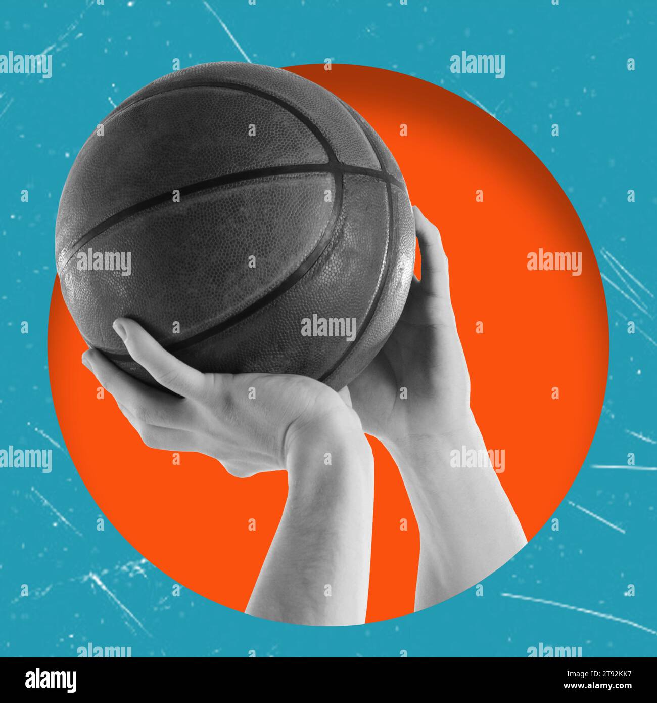 Modern art collage depicting a man's hand with a basketball into a ...