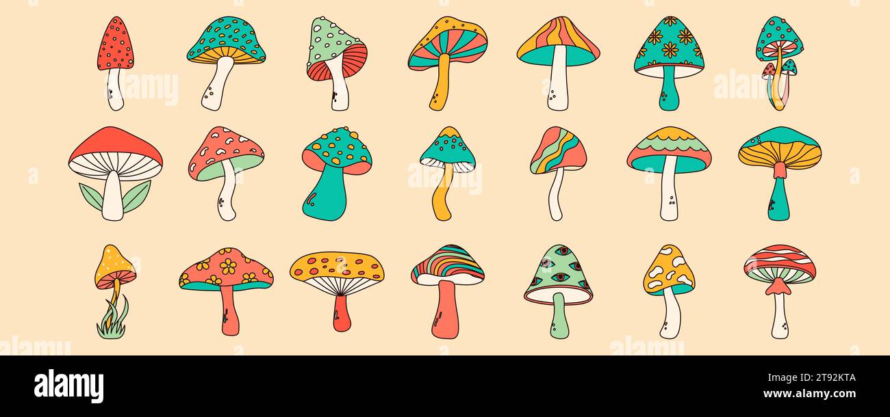 Set of vintage groovy mushrooms in hippie 70s style. Vector ...