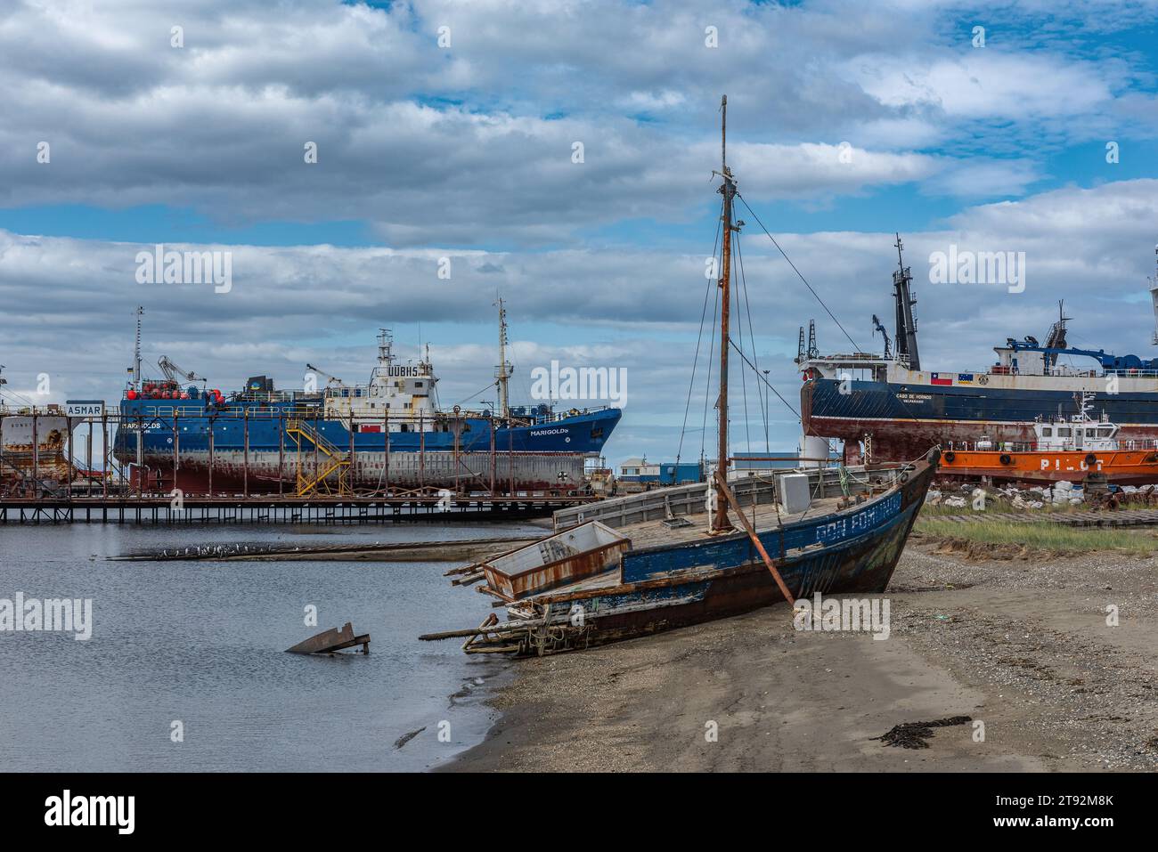 Different ships in the harbor of Punta Arenas, Patagonia, Chile Stock ...