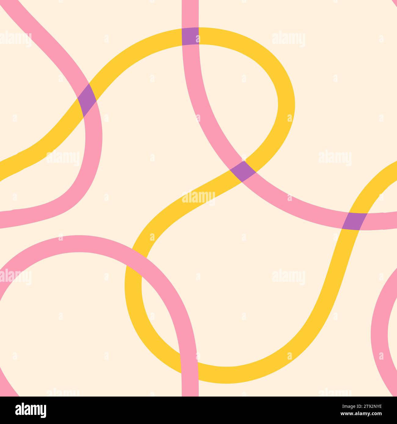 Naive seamless squiggle pattern with bright pink and yellow wavy lines on a light background ...