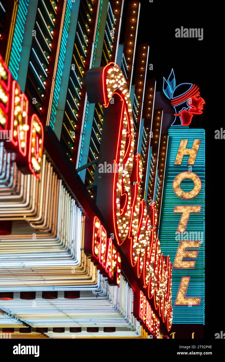 Neon Hotel Sign illuminated at night in Las Vegas, Nevada Stock Photo ...
