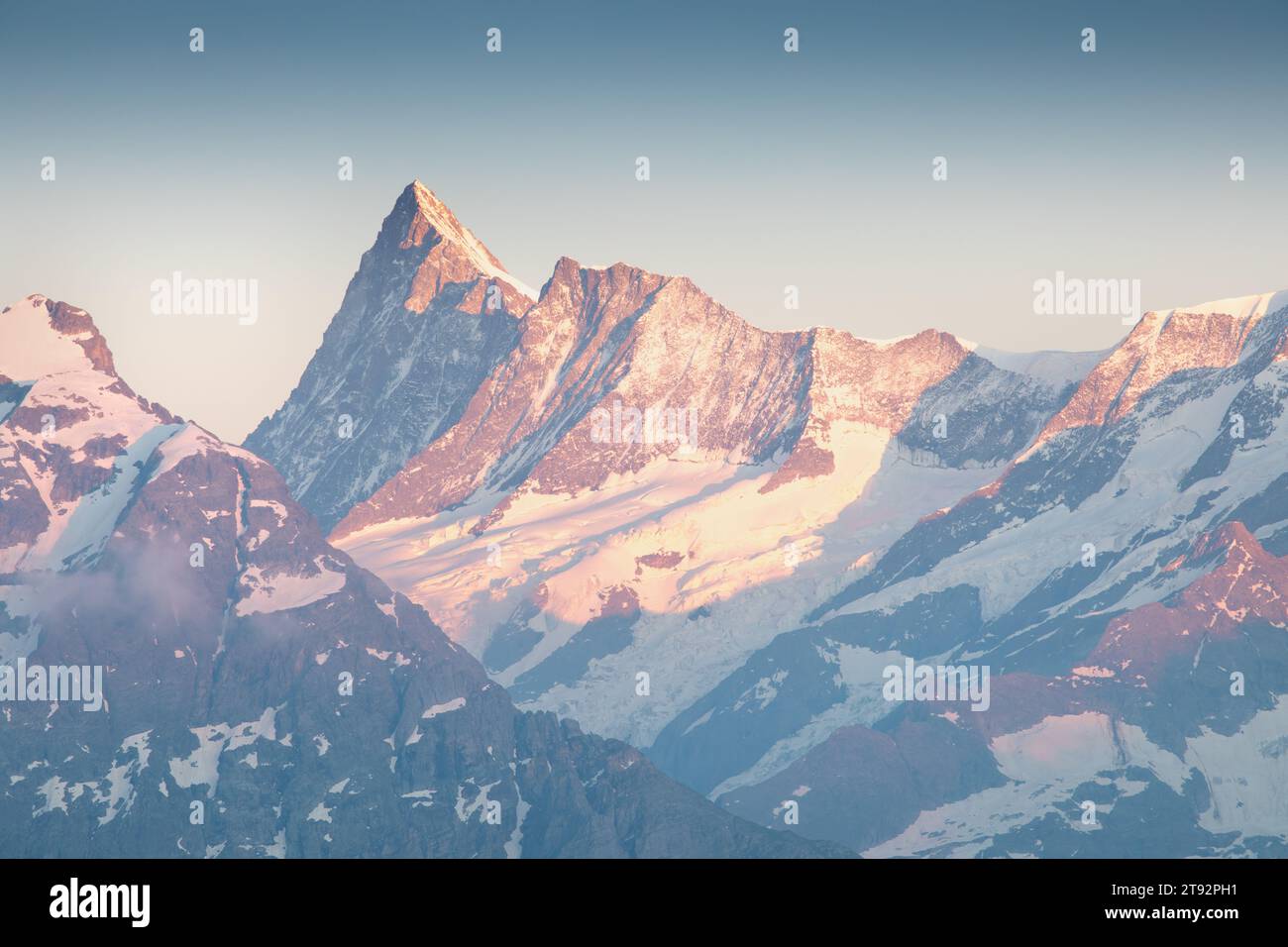 Panorama of Mt. Schreckhorn. Popular tourist attraction. Dramatic and ...