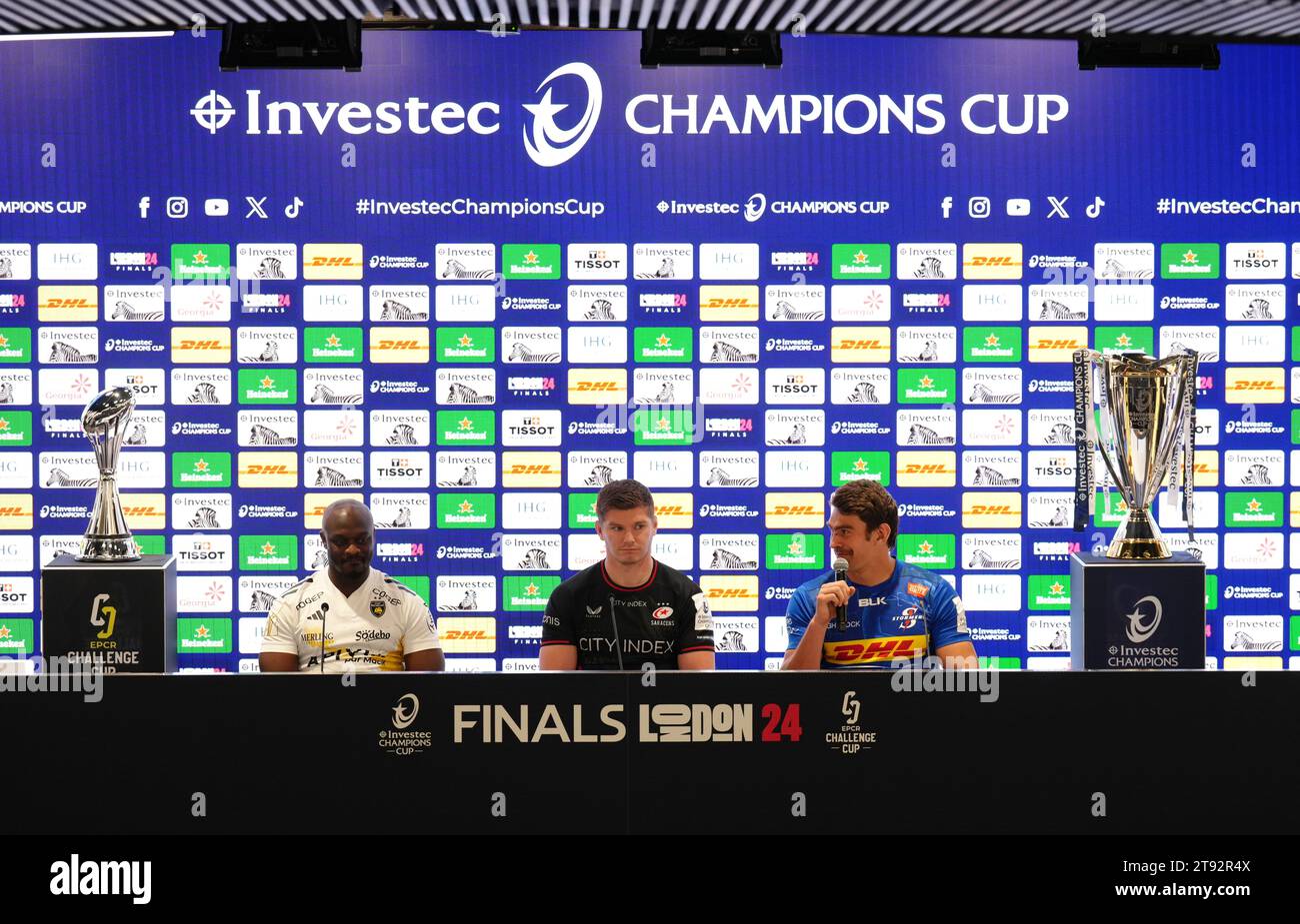 Left to right, Stade Rochelais' Raymond Rhule, Saracens' Owen Farrell ...