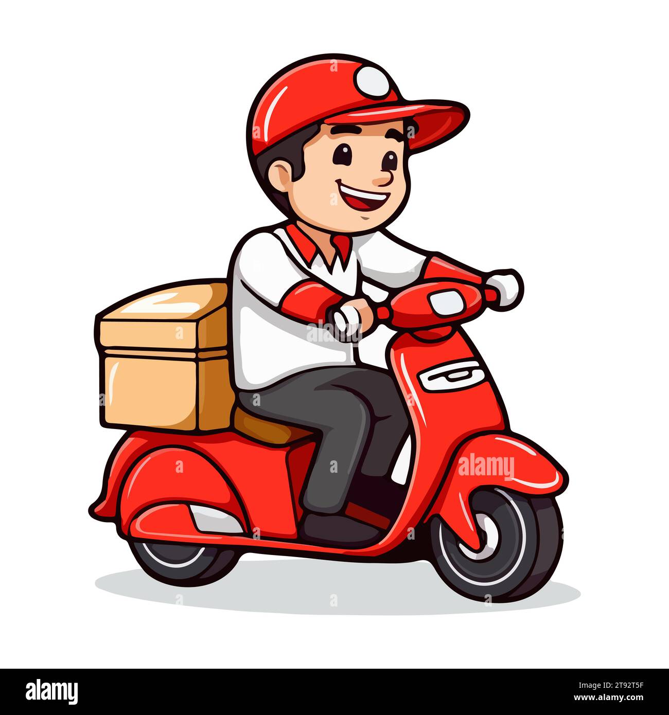 Delivery man riding a red scooter. Cartoon illustration. Vector illustration isolated on white ...