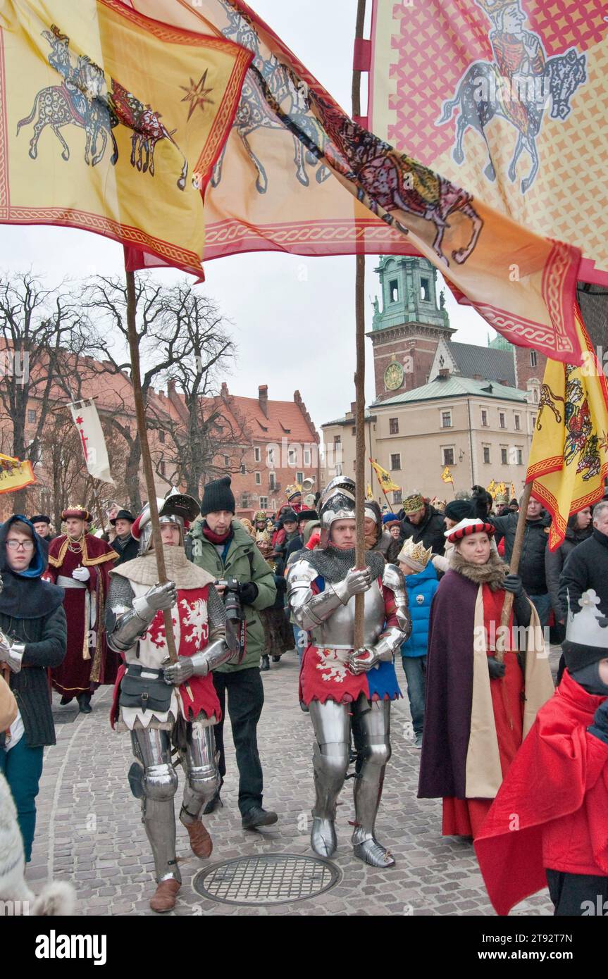 Medieval knights at Cavalcade of Magi, Epiphany Holiday procession ...