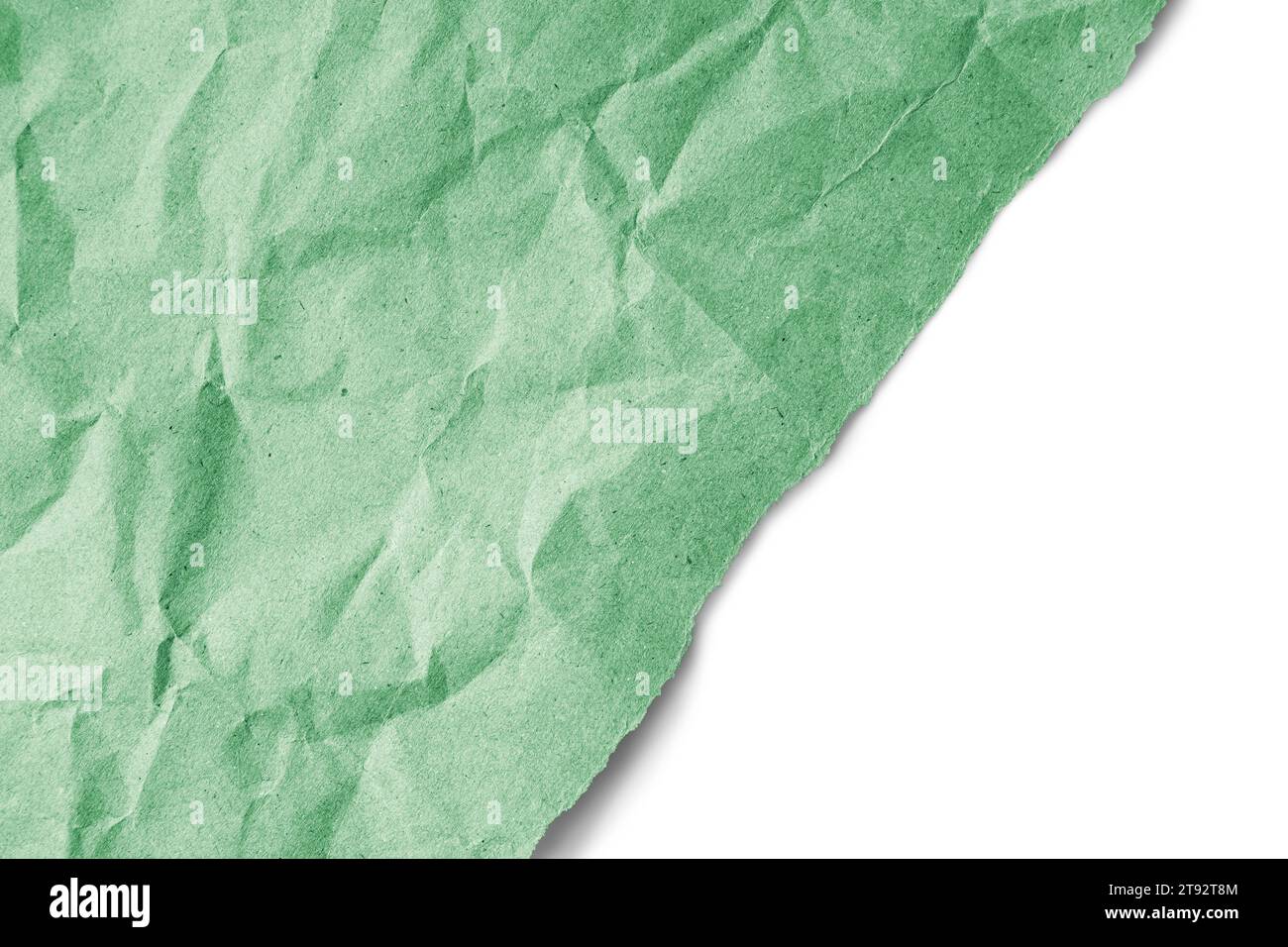 Recycled crumpled green paper texture with a diagonal torn edge ...