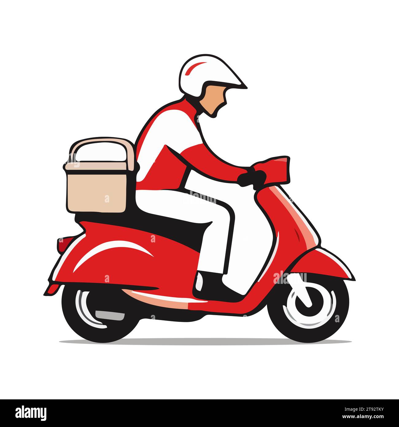Delivery Man Riding A Red Scooter Isolated On White Background Food