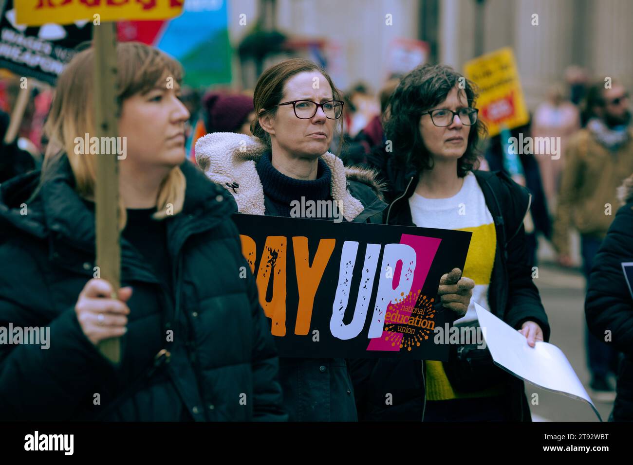 Placards are held during a march and rally called by the NEU (National ...