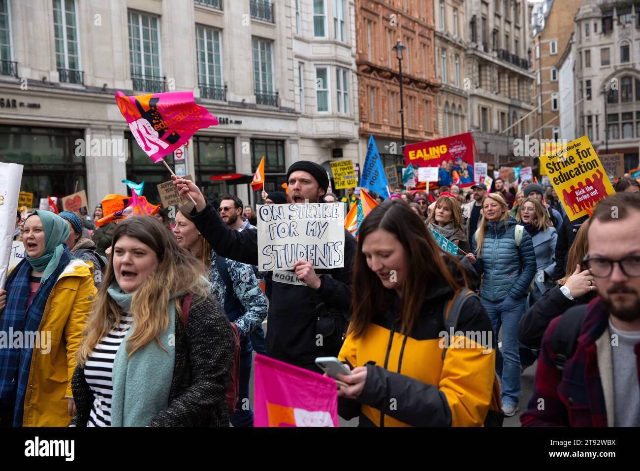 Placards are held during a march and rally called by the NEU (National ...