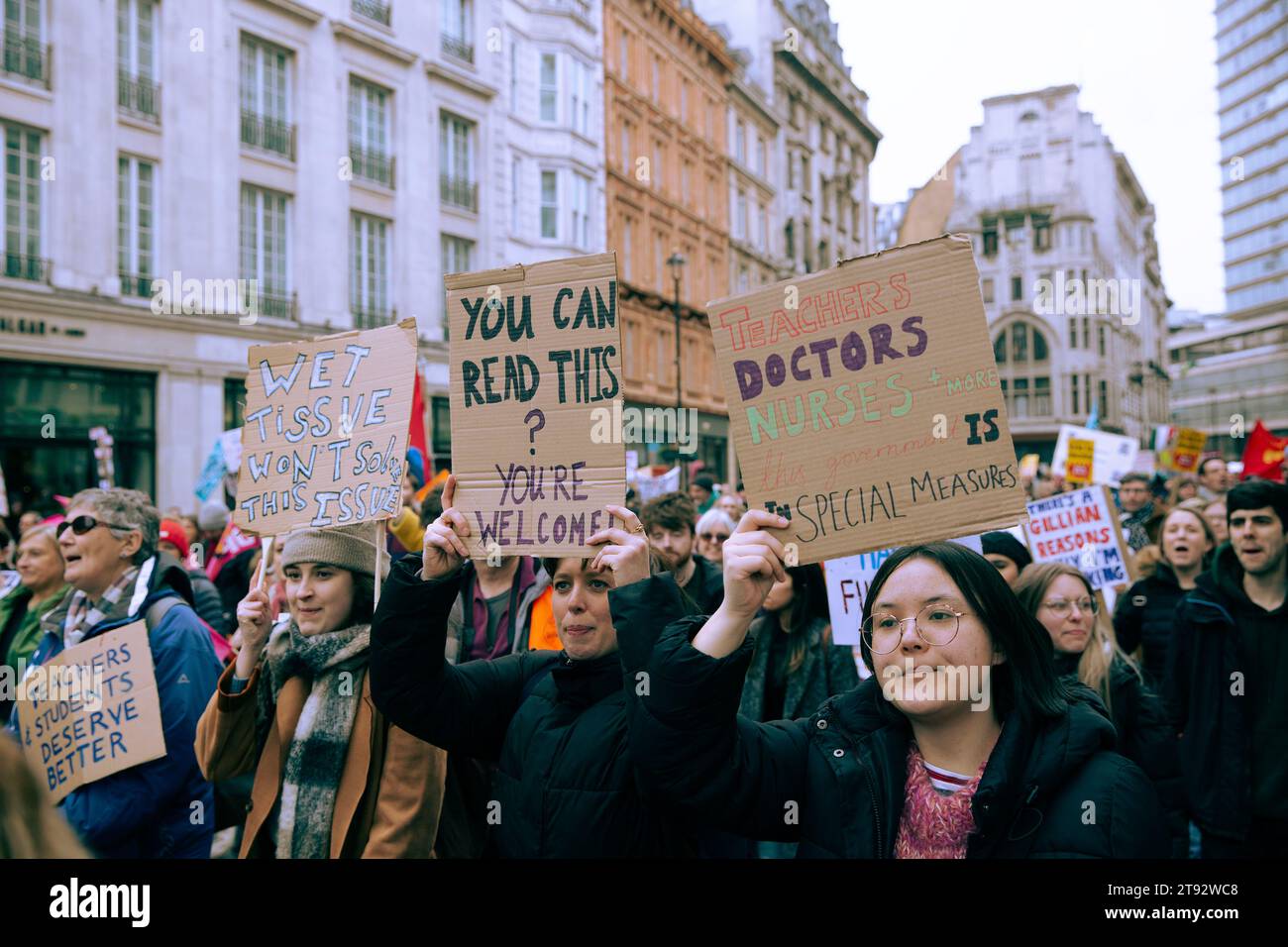 Placards are held during a march and rally called by the NEU (National ...