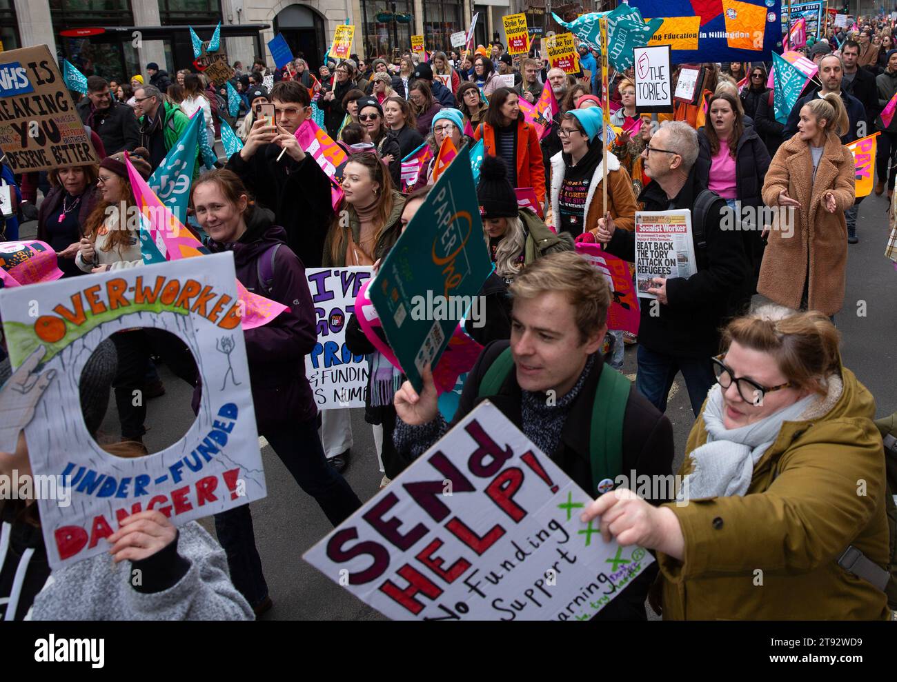Placards are held during a march and rally called by the NEU (National ...