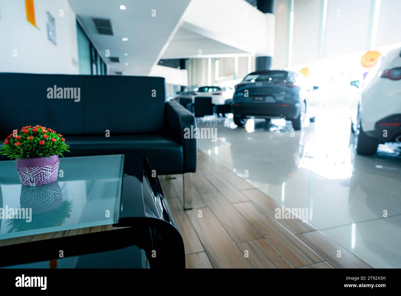 Blurred car parked in luxury showroom. Car dealership office. New car ...