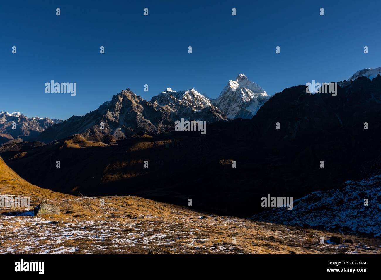 Early morning sunrise in the hImalayas of Nepal with Mt. Kumbhakarna ...