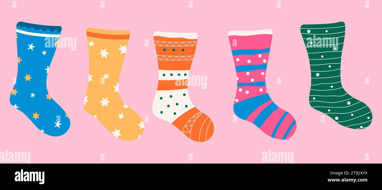 Colorful socks with whimsical patterns and textures. Vector graphics ...